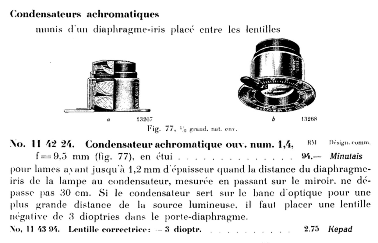 Carl Zeiss Jena. Achromatic condenser with iris diaphragm, N.A. 1.40