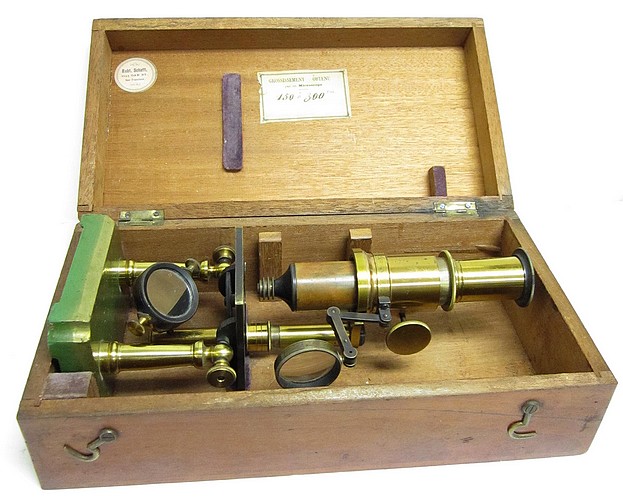 Double pillar French microscope. Probably made by Radiguet & Fils, Paris